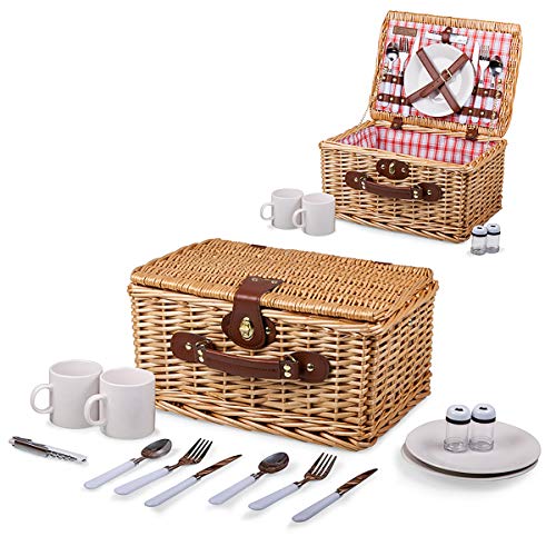 PICNIC TIME Catalina Picnic Basket for 2 - Wicker Picnic Basket with Picnic Set, (Red & White Plaid Pattern)