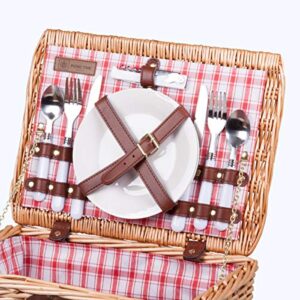 PICNIC TIME Catalina Picnic Basket for 2 - Wicker Picnic Basket with Picnic Set, (Red & White Plaid Pattern)