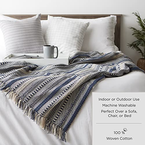 DII Rustic Farmhouse Cotton Cabana Striped Blanket Throw with Fringe, 50 x 60 - Cabana Striped French Blue