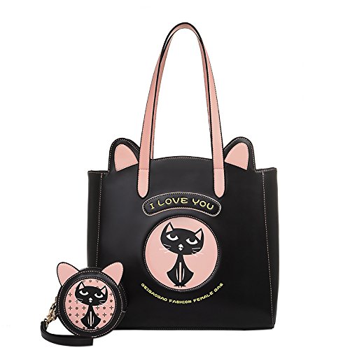 QZUnique Women's Large PU Cat Style CrossBody Purse Cartoon Tote Convertible Satchel Black