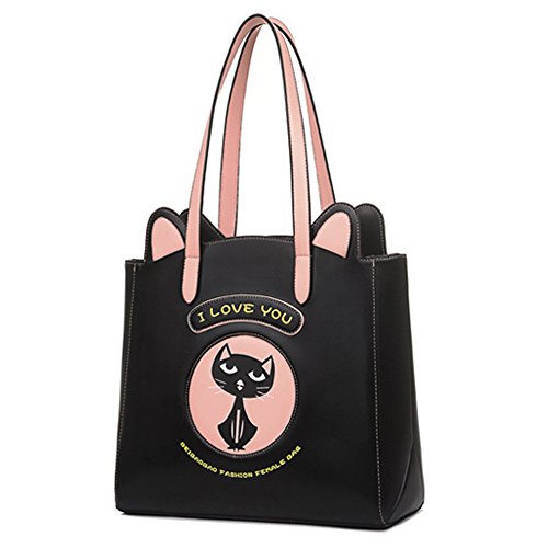 QZUnique Women's Large PU Cat Style CrossBody Purse Cartoon Tote Convertible Satchel Black