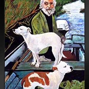 Man in Boat with Dogs Movie Painting Poster Motorboat On Water Film Black Wood Framed Art Poster 14x20