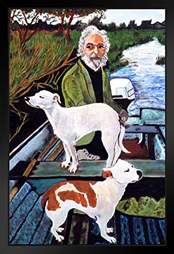 Man in Boat with Dogs Movie Painting Poster Motorboat On Water Film Black Wood Framed Art Poster 14x20