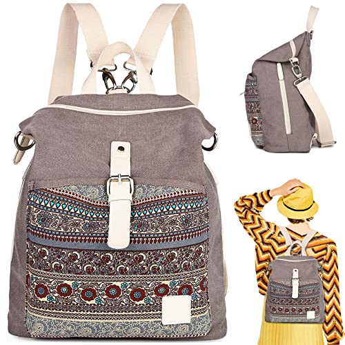 Womens Backpack Purse Canvas Purse 3-Way Crossbody Bag Boho Shoulder Tote Bags Girls (Grey - bohemian)