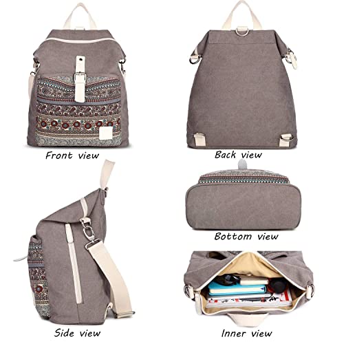 Womens Backpack Purse Canvas Purse 3-Way Crossbody Bag Boho Shoulder Tote Bags Girls (Grey - bohemian)