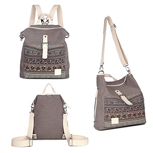 Womens Backpack Purse Canvas Purse 3-Way Crossbody Bag Boho Shoulder Tote Bags Girls (Grey - bohemian)