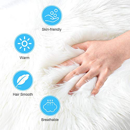 YOH Ultra Soft Faux Fur Sheepskin Seat Cushion Chair Cover Luxury White Fluffy Shaggy Area Rugs for Living Room Bedroom Makeup Table/Chair Home Stores Small Decor Carpets, 1.3 x 2 Feet