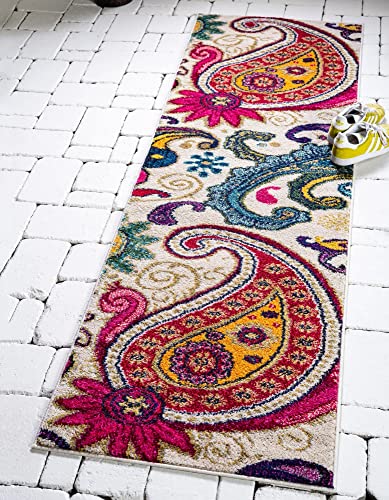 Unique Loom Estrella Collection Colorful, Paisley, Floral, Abstract, Modern Area Rug, 2 ft 7 in x 10 ft, Beige/Pink