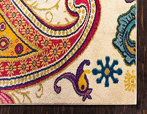 Unique Loom Estrella Collection Colorful, Paisley, Floral, Abstract, Modern Area Rug, 2 ft 7 in x 10 ft, Beige/Pink