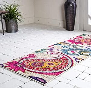 Unique Loom Estrella Collection Colorful, Paisley, Floral, Abstract, Modern Area Rug, 2 ft 7 in x 10 ft, Beige/Pink