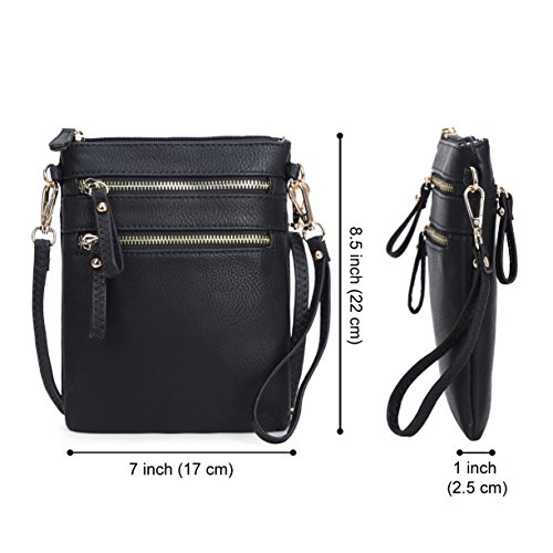 Solene Women's Faux Leather Organizer Multi Zipper Pockets Handbag With Detachable Wristlet Crossbody Bag-WU002(Black)