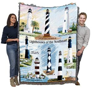 lighthouses of the southeast blanket – key west cape hatteras sapelo tybee harbor lookout canaveral hunting island – coastal ocean gift tapestry throw woven from cotton – made in the usa (72×54)