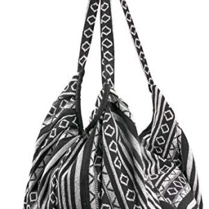 Tribe Azure Jacquard Cotton Shoulder Banana Style Fashion Travel Canvas Tote Bag Hobo Style Casual Market Purse Handbag (Black White)