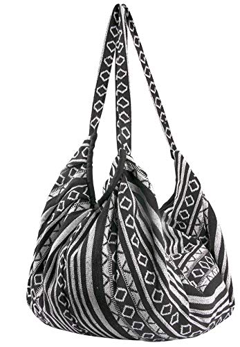 Tribe Azure Jacquard Cotton Shoulder Banana Style Fashion Travel Canvas Tote Bag Hobo Style Casual Market Purse Handbag (Black White)