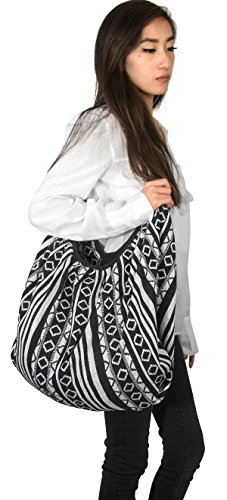 Tribe Azure Jacquard Cotton Shoulder Banana Style Fashion Travel Canvas Tote Bag Hobo Style Casual Market Purse Handbag (Black White)