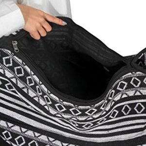 Tribe Azure Jacquard Cotton Shoulder Banana Style Fashion Travel Canvas Tote Bag Hobo Style Casual Market Purse Handbag (Black White)