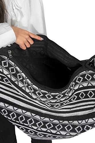 Tribe Azure Jacquard Cotton Shoulder Banana Style Fashion Travel Canvas Tote Bag Hobo Style Casual Market Purse Handbag (Black White)