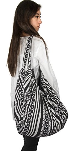 Tribe Azure Jacquard Cotton Shoulder Banana Style Fashion Travel Canvas Tote Bag Hobo Style Casual Market Purse Handbag (Black White)