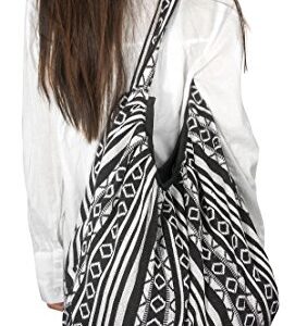 Tribe Azure Jacquard Cotton Shoulder Banana Style Fashion Travel Canvas Tote Bag Hobo Style Casual Market Purse Handbag (Black White)