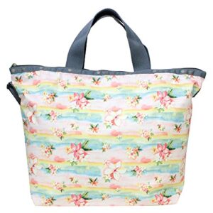 lesportsac plumeria rainbow hawaii exclusive easy carry tote crossbody + top handle handbag, style 2431/color k879, tropical hawaiian plumeria flowers, pastel watercolors, hawaii printed on pattern