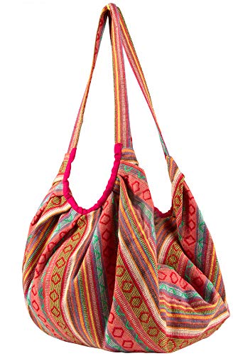 Tribe Azure Jacquard Cotton Shoulder Banana Style Fashion Travel Canvas Tote Bag Hobo Style Casual Market Purse Handbag (Pink)