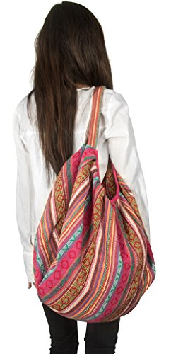 Tribe Azure Jacquard Cotton Shoulder Banana Style Fashion Travel Canvas Tote Bag Hobo Style Casual Market Purse Handbag (Pink)