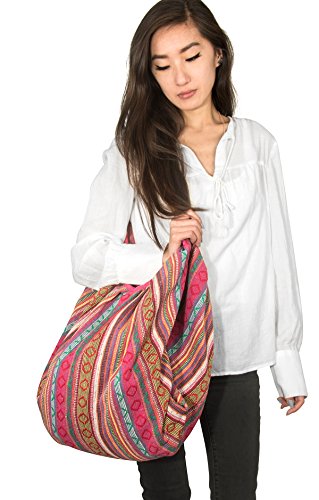 Tribe Azure Jacquard Cotton Shoulder Banana Style Fashion Travel Canvas Tote Bag Hobo Style Casual Market Purse Handbag (Pink)