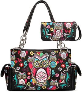 colorful owl western summer fashion purse concealed carry handbags women country shoulder bag wallet set (black set)