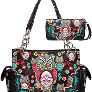 Colorful Owl Western Summer Fashion Purse Concealed Carry Handbags Women Country Shoulder Bag Wallet Set (Black Set)