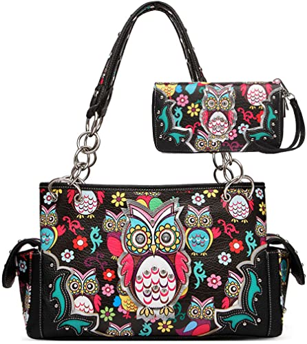 Colorful Owl Western Summer Fashion Purse Concealed Carry Handbags Women Country Shoulder Bag Wallet Set (Black Set)