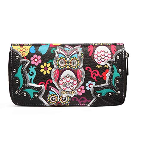 Colorful Owl Western Summer Fashion Purse Concealed Carry Handbags Women Country Shoulder Bag Wallet Set (Black Set)