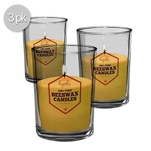 Pure Beeswax Votive Candles, 3 Pack – Yellow Unscented Decorative Candle for Party Centerpieces, Home Decor and Dinner Parties – Long Lasting Burn Time, Clear Glass Cup, 2 oz – by Hyoola