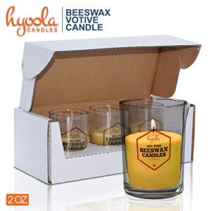 Pure Beeswax Votive Candles, 3 Pack – Yellow Unscented Decorative Candle for Party Centerpieces, Home Decor and Dinner Parties – Long Lasting Burn Time, Clear Glass Cup, 2 oz – by Hyoola