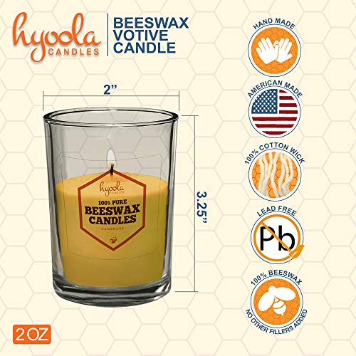 Pure Beeswax Votive Candles, 3 Pack – Yellow Unscented Decorative Candle for Party Centerpieces, Home Decor and Dinner Parties – Long Lasting Burn Time, Clear Glass Cup, 2 oz – by Hyoola