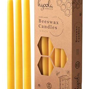 Hyoola 10 Inch Beeswax Taper Candles - 12 Pack - Handmade, All Natural, 100% Pure Unscented Bee Wax Candle - Tall, Decorative, Golden Yellow - 10 Hour Burn Time