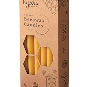 Hyoola 10 Inch Beeswax Taper Candles - 12 Pack - Handmade, All Natural, 100% Pure Unscented Bee Wax Candle - Tall, Decorative, Golden Yellow - 10 Hour Burn Time