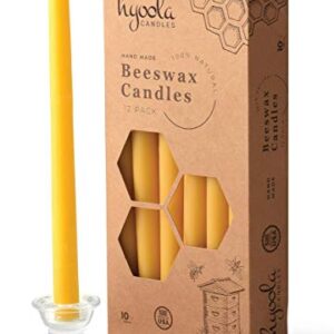 Hyoola 10 Inch Beeswax Taper Candles - 12 Pack - Handmade, All Natural, 100% Pure Unscented Bee Wax Candle - Tall, Decorative, Golden Yellow - 10 Hour Burn Time