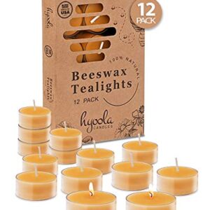 Pure Beeswax Tea Lights - 12 Pack - Handmade Decorative Unscented - Tealight Candles - 4 Hour Burn Time, Clear Cup