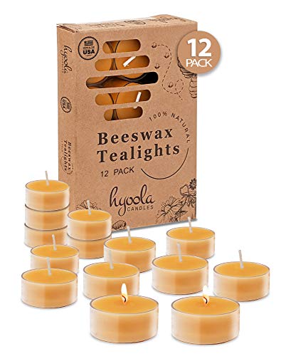 Pure Beeswax Tea Lights - 12 Pack - Handmade Decorative Unscented - Tealight Candles - 4 Hour Burn Time, Clear Cup