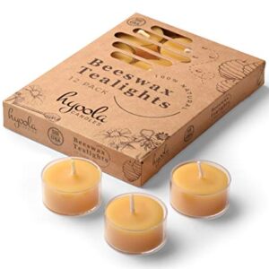 Pure Beeswax Tea Lights - 12 Pack - Handmade Decorative Unscented - Tealight Candles - 4 Hour Burn Time, Clear Cup