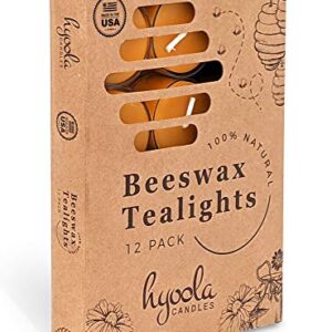 Pure Beeswax Tea Lights - 12 Pack - Handmade Decorative Unscented - Tealight Candles - 4 Hour Burn Time, Clear Cup