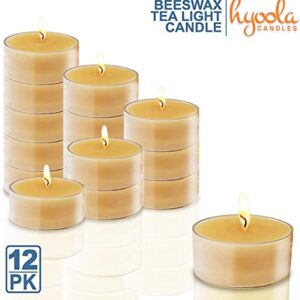 Pure Beeswax Tea Lights - 12 Pack - Handmade Decorative Unscented - Tealight Candles - 4 Hour Burn Time, Clear Cup