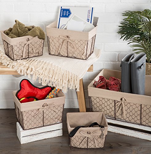 DII Farmhouse Chicken Wire Storage Baskets with Liner, Set of 5, Rustic Natural, Assorted Sizes