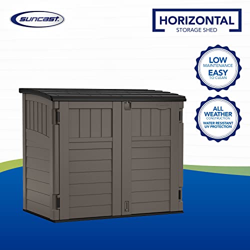 Suncast 4' x 2' Horizontal Storage Shed - Natural Wood-Like Outdoor Storage for Trash Cans and Yard Tools - All-Weather Resin Material, Hinged Lid Design and Reinforced Floor - Stoney