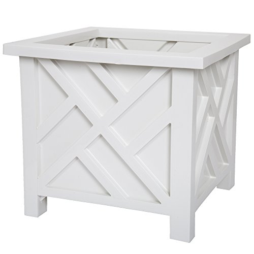 Lattice Design Planter Box – 14.75-Inch-Square Decorative Outdoor Flower or Plant Pot – Front Porch, Patio, and Garden Decor by Pure Garden (White)