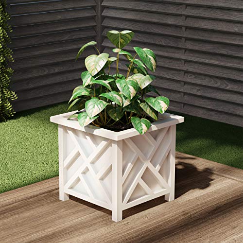 Lattice Design Planter Box – 14.75-Inch-Square Decorative Outdoor Flower or Plant Pot – Front Porch, Patio, and Garden Decor by Pure Garden (White)