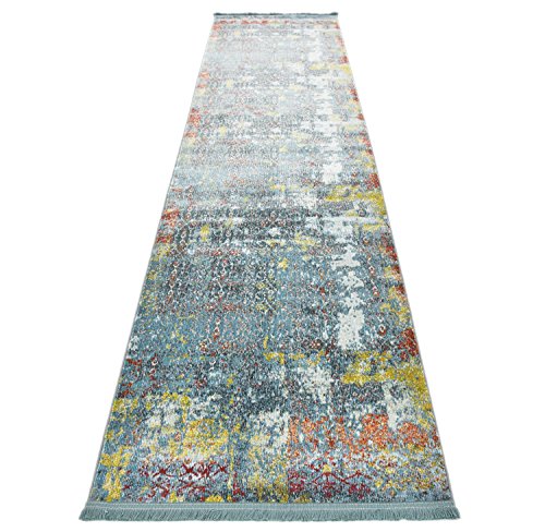 Unique Loom Baracoa Collection Bright Tones Vintage Traditional Runner Rug, 2' 7" x 10' 0", Teal/Ivory