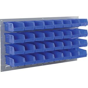 wall bin rack panel with (32) blue bins, 36x7x19