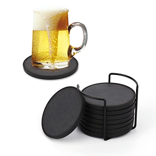 KITCHENDAO Non-Scratch Slate Stone Drink Coasters with Holder, Detachable Soft Ring, Condensation Prevent, 4 Inch Black Handmade Coaster Set for Any Bar Home Décor, Gift for Men and Women, 8 Pack