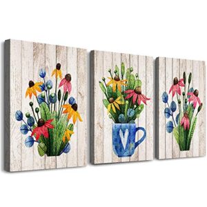 vintage wood grain plant flowers wall art for kitchen wall decorations for living room bathroom decorations room wall decor 3 pieces framed canvas print artwork modern office home decor paintinge